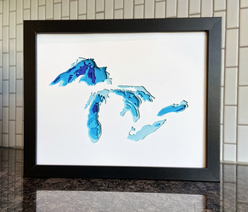 3D Great Lakes Depth Map Shadow Box SVG | Michigan Lakes Wall Art ...