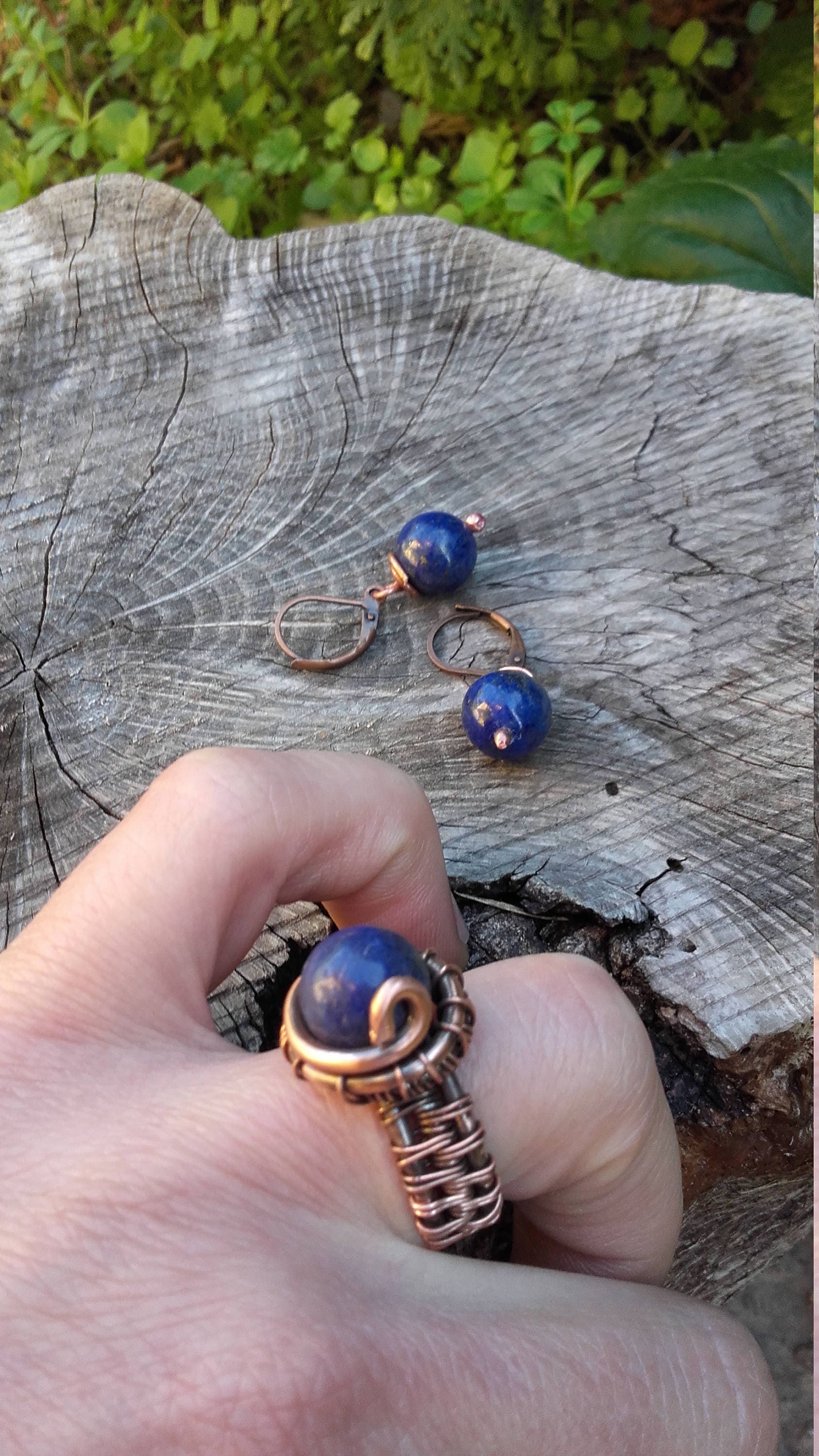 Copper wire earrings and ring with natural stones Sweet | Etsy