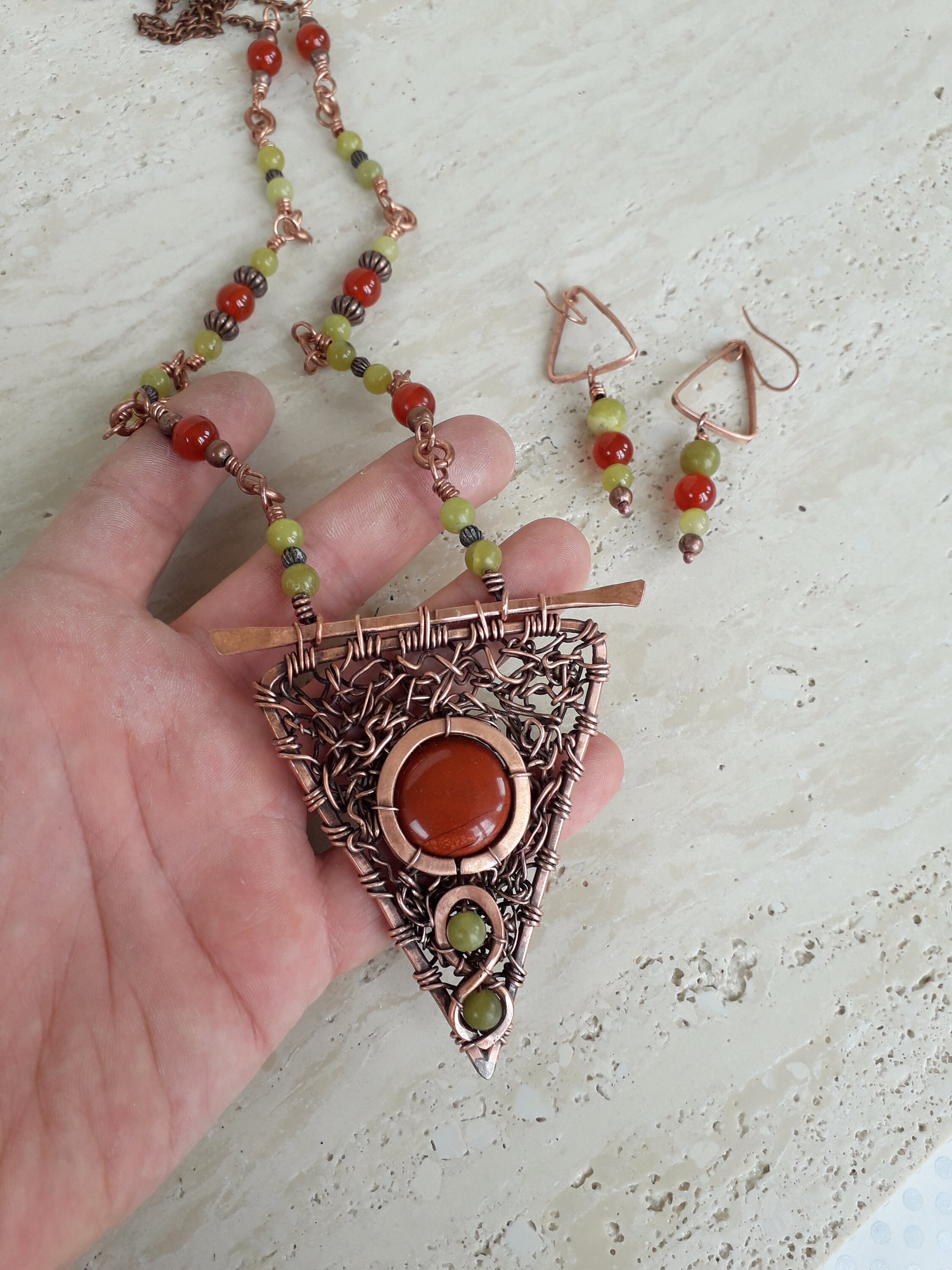 Triangle Copper Earrings With Natural Beadscopper Wire | Etsy