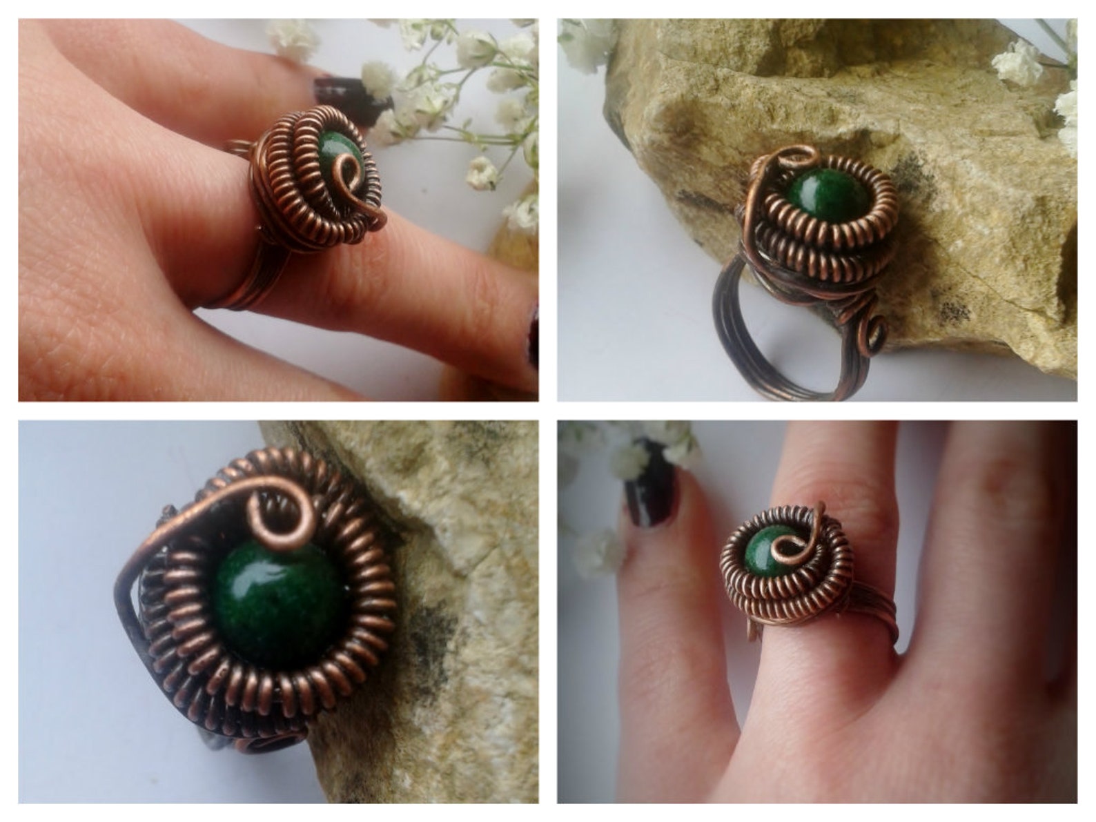 Copper Wire Ring With Natural Green Jadecopper Ringwoodland - Etsy