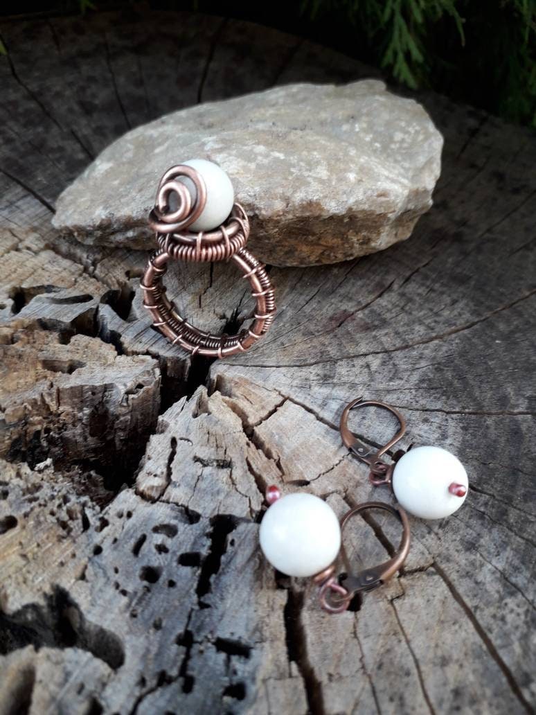 Copper wire earrings and ring with natural stonesSweet little | Etsy