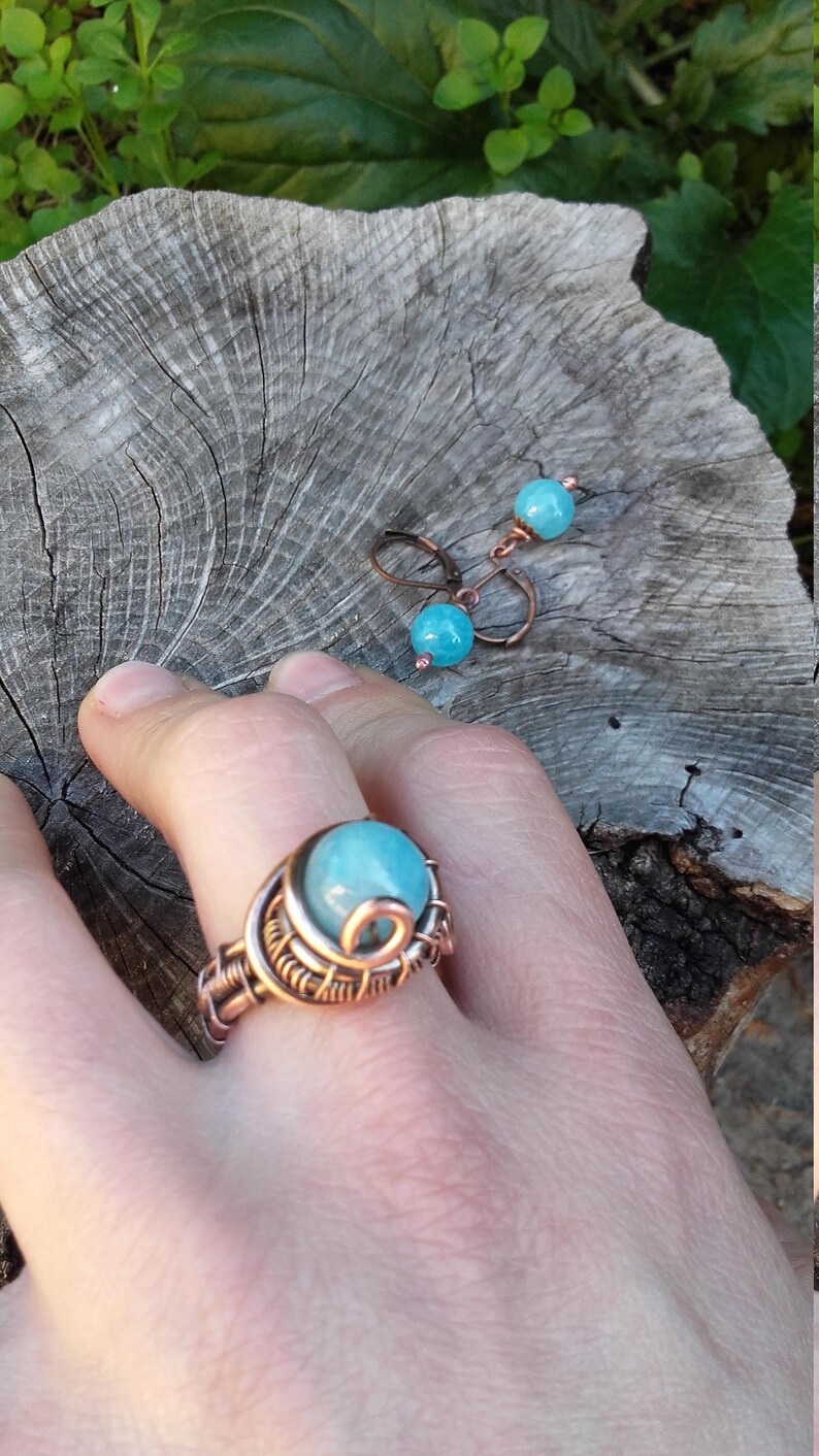 Copper Wire Earrings and Ring With Natural Stones sweet - Etsy