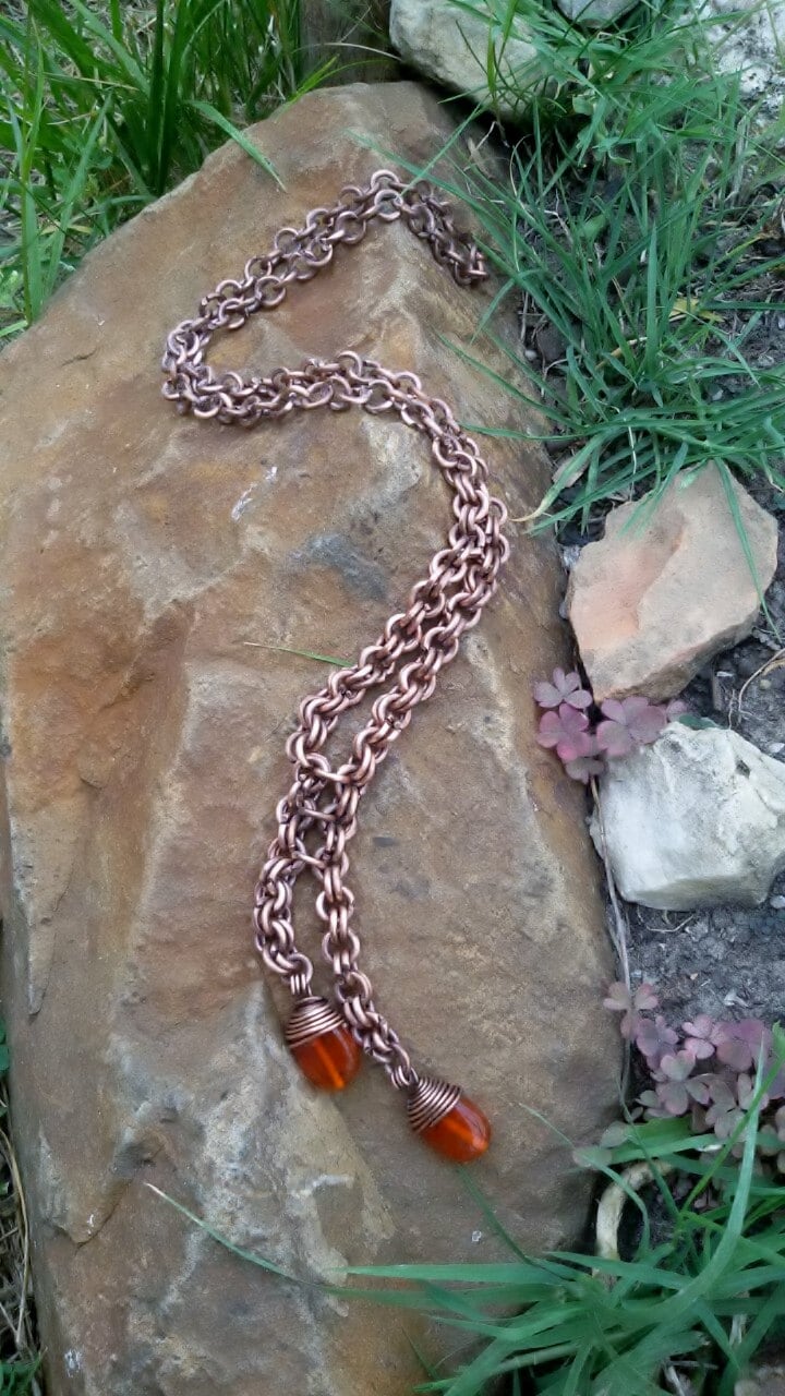 Copper wire chain necklace with orange beadsForest copper | Etsy