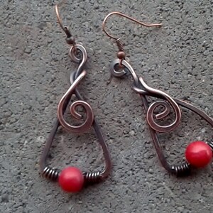 Triangle Copper Wire Earrings With Red Jade,jade Earrings,wire Wrapped ...