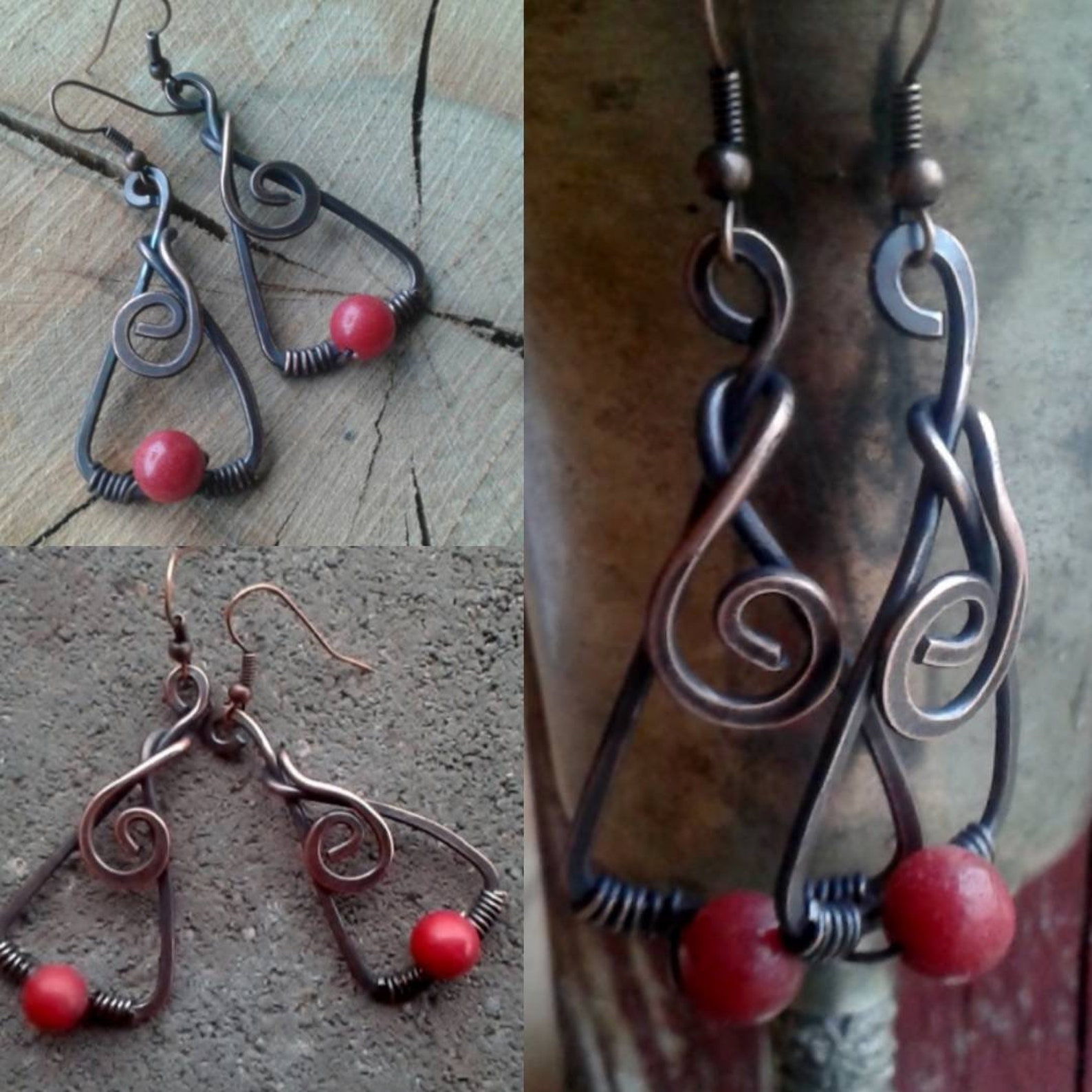 Triangle Copper Wire Earrings With Red Jadejade Earringswire - Etsy
