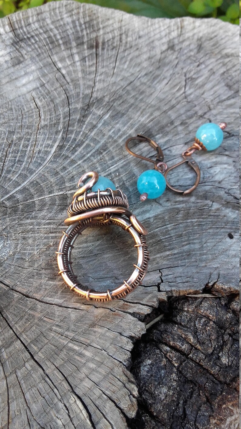 Copper Wire Earrings and Ring With Natural Stones sweet - Etsy