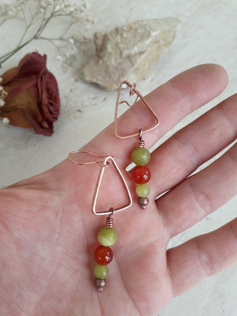 Triangle Copper Earrings With Natural Beadscopper Wire | Etsy