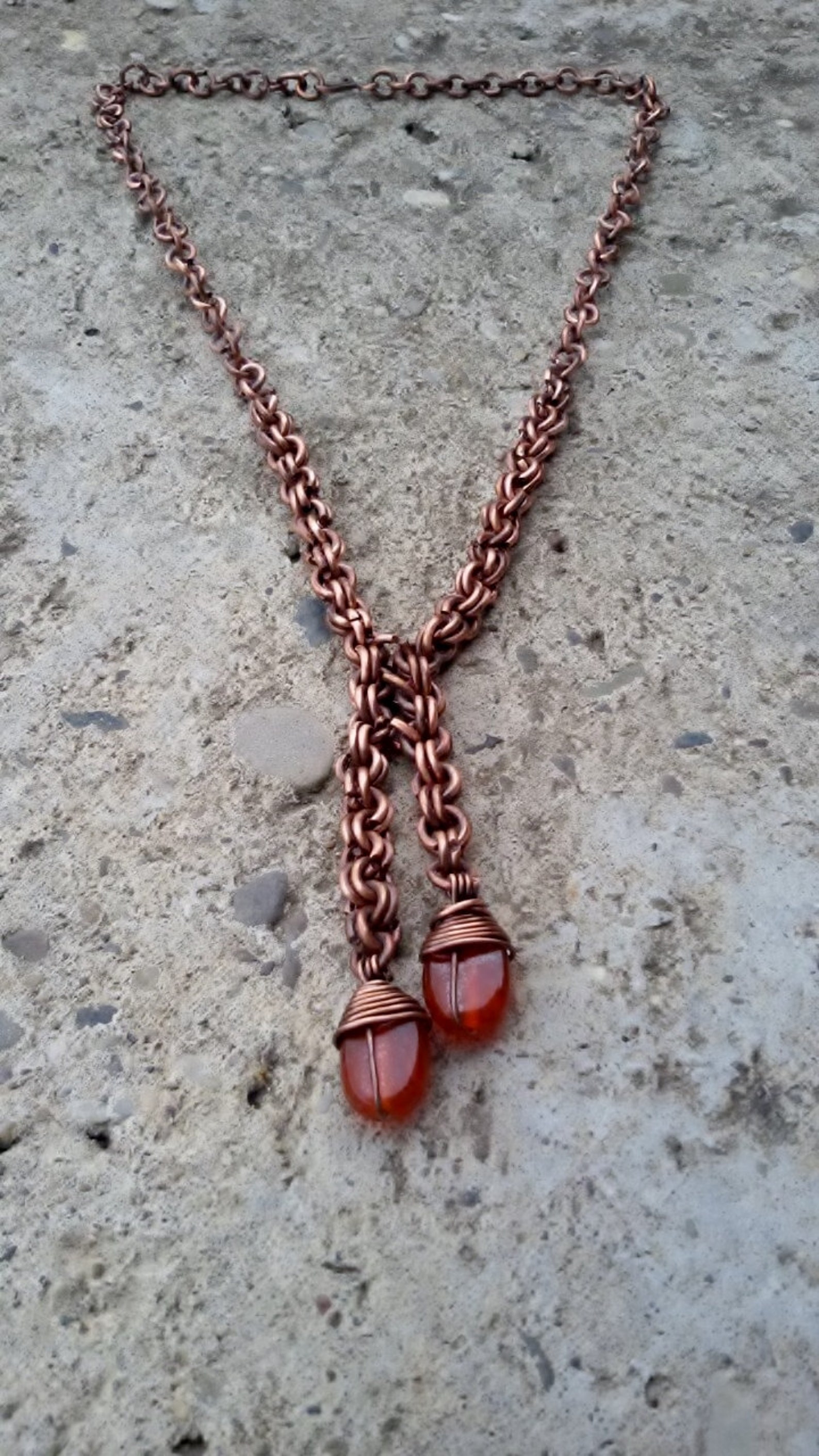 Copper Wire Chain Necklace With Orange Beadsforest Copper - Etsy
