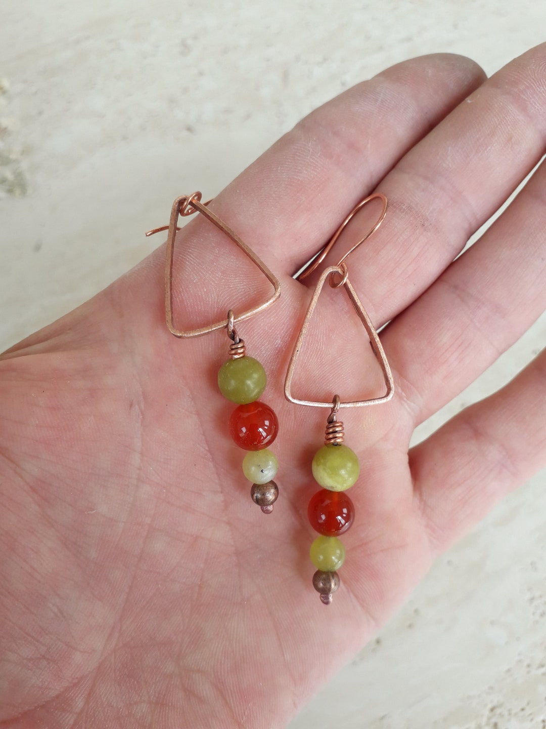 Triangle Copper Earrings With Natural Beadscopper Wire - Etsy