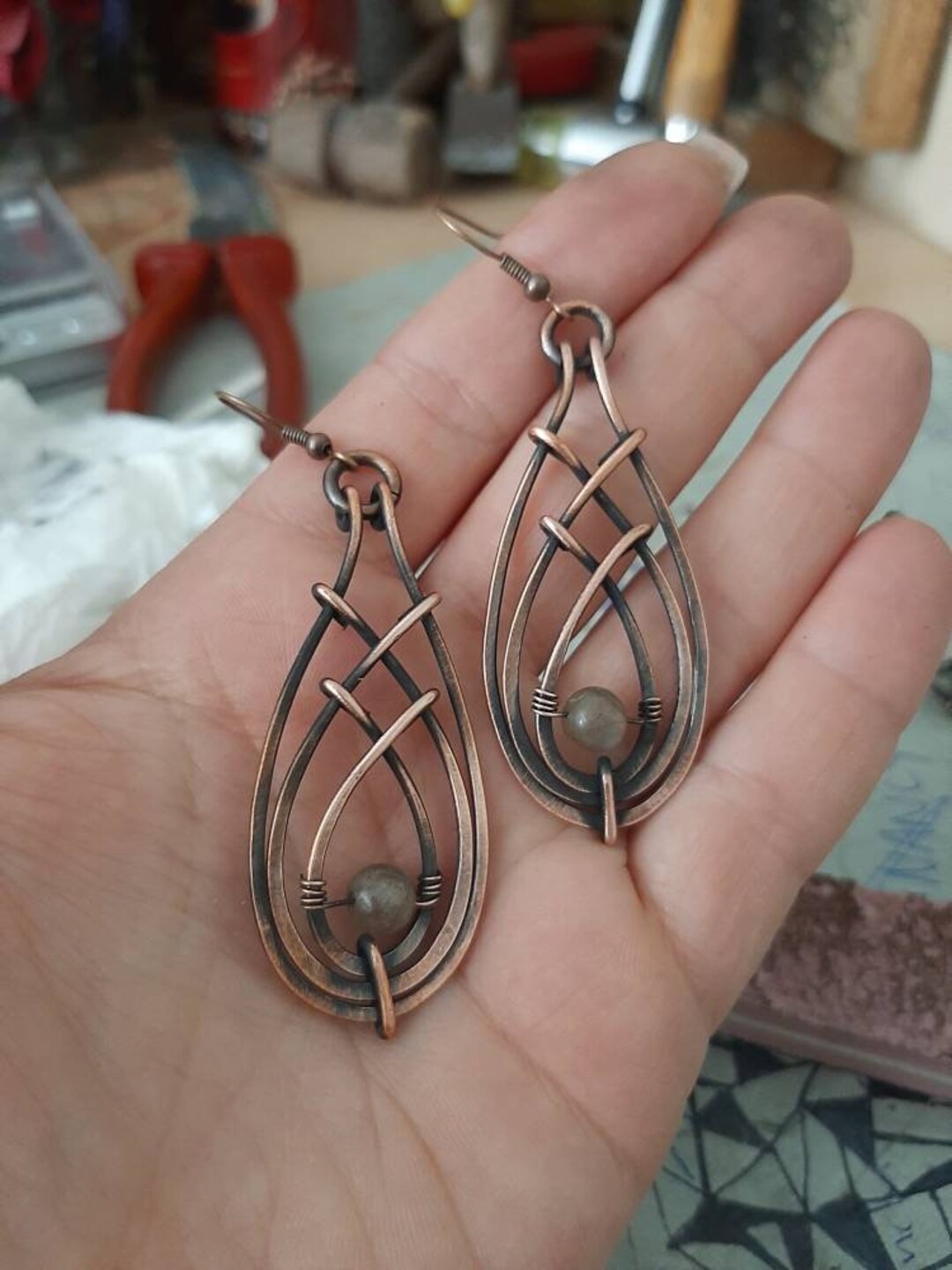 Celtic Wire Wrapped Copper Earrings With Natural Beadswire - Etsy
