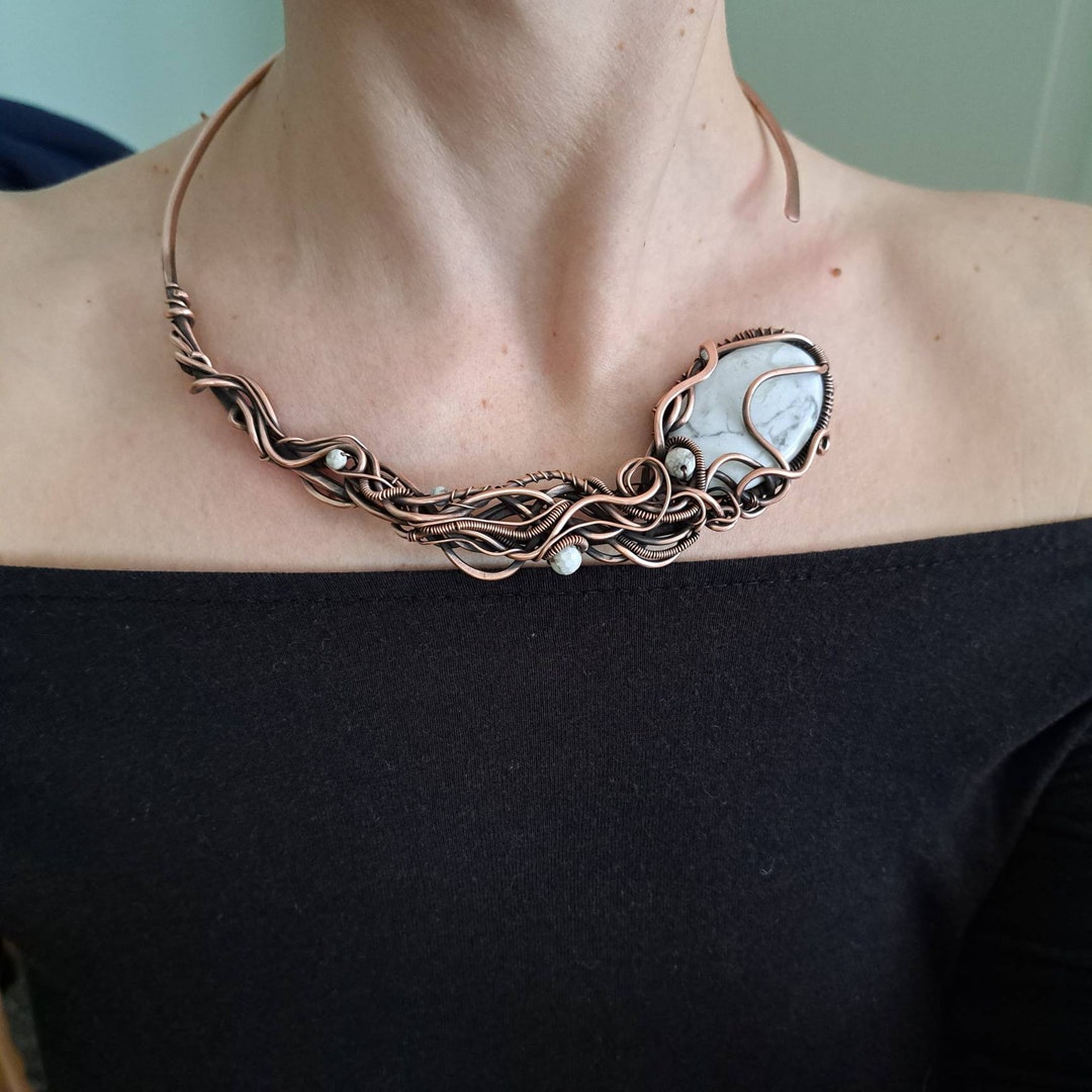 Copper Wire Wrapped Necklace With Natural White Howlite,wire Jewelry ...