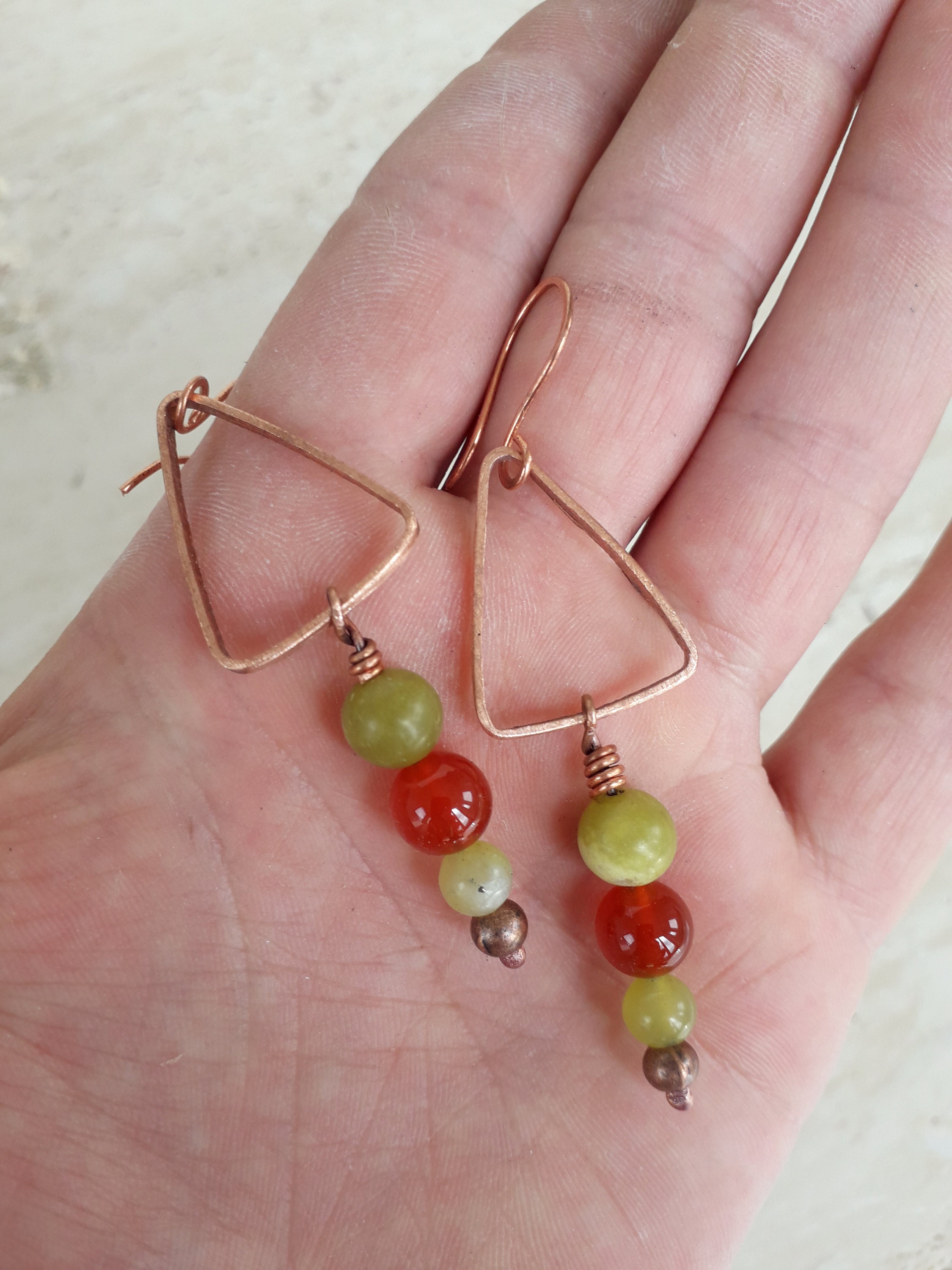 Triangle Copper Earrings With Natural Beadscopper Wire | Etsy