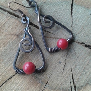 Triangle Copper Wire Earrings With Red Jade,jade Earrings,wire Wrapped ...