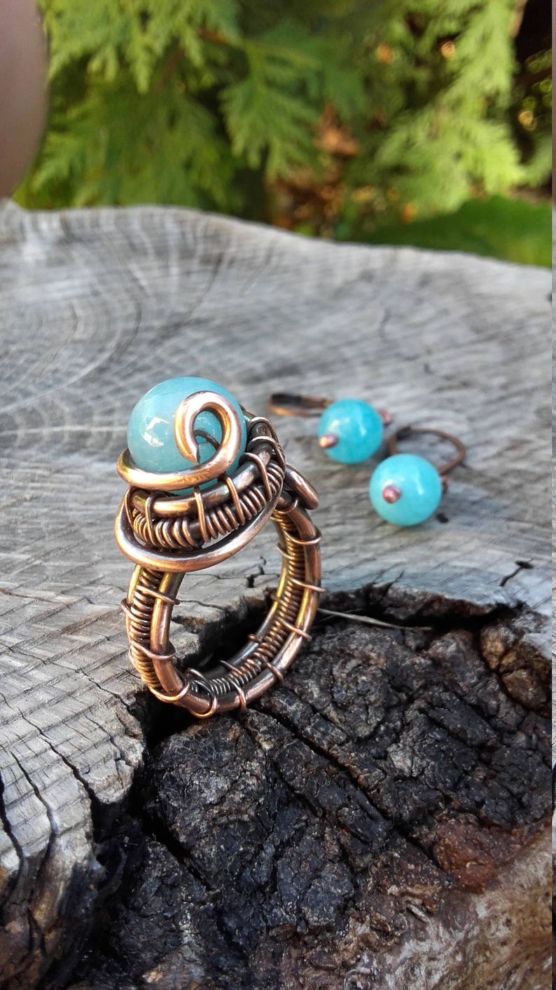 Copper Wire Earrings and Ring With Natural Stones sweet - Etsy