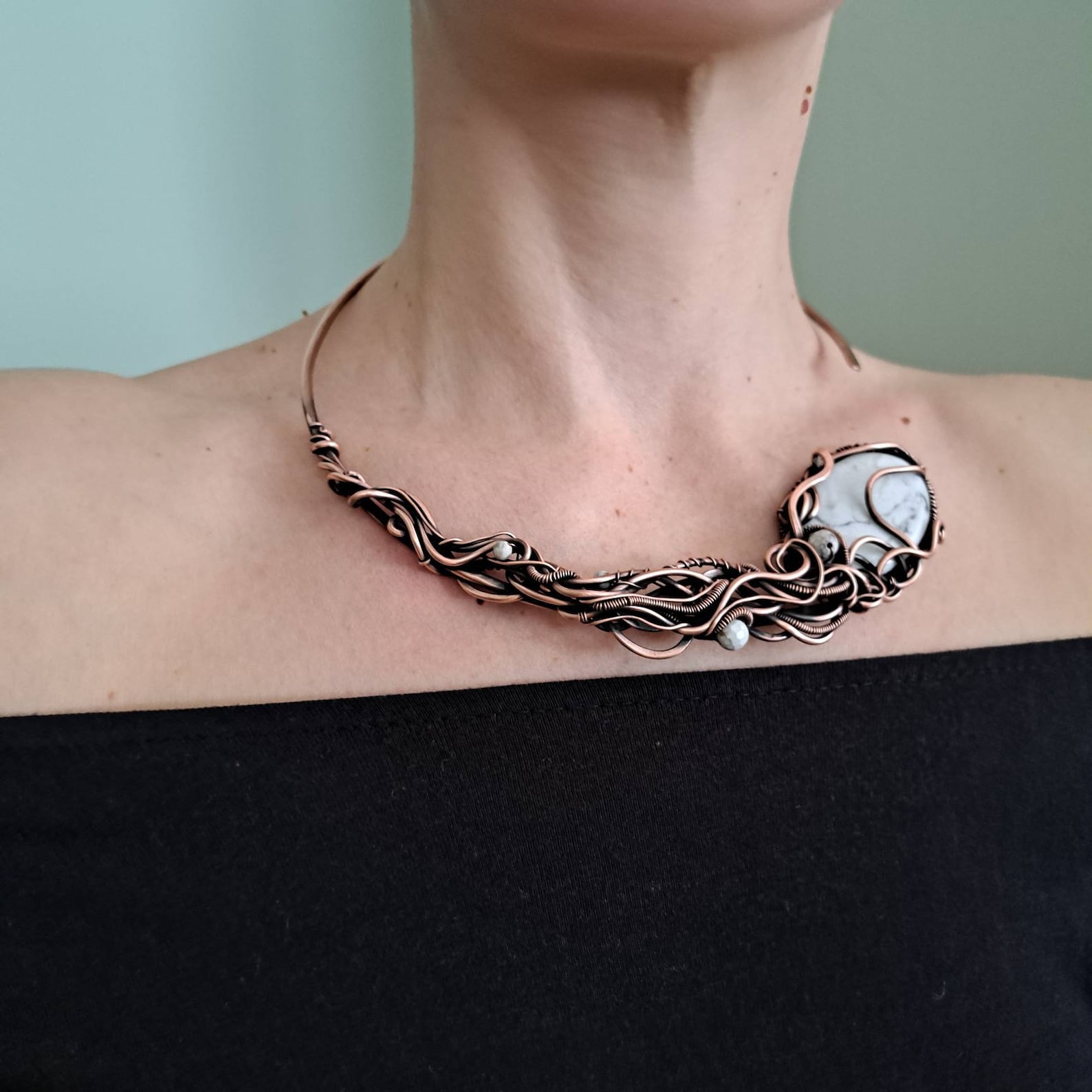 Copper Wire Wrapped Necklace With Natural White Howlitewire - Etsy