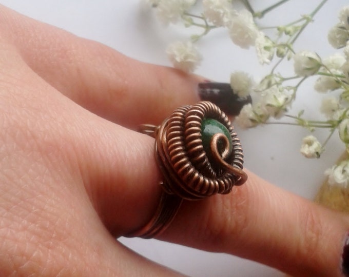 Copper Wire Ring With Natural Green Jade,copper Ring,woodland Jewelry ...