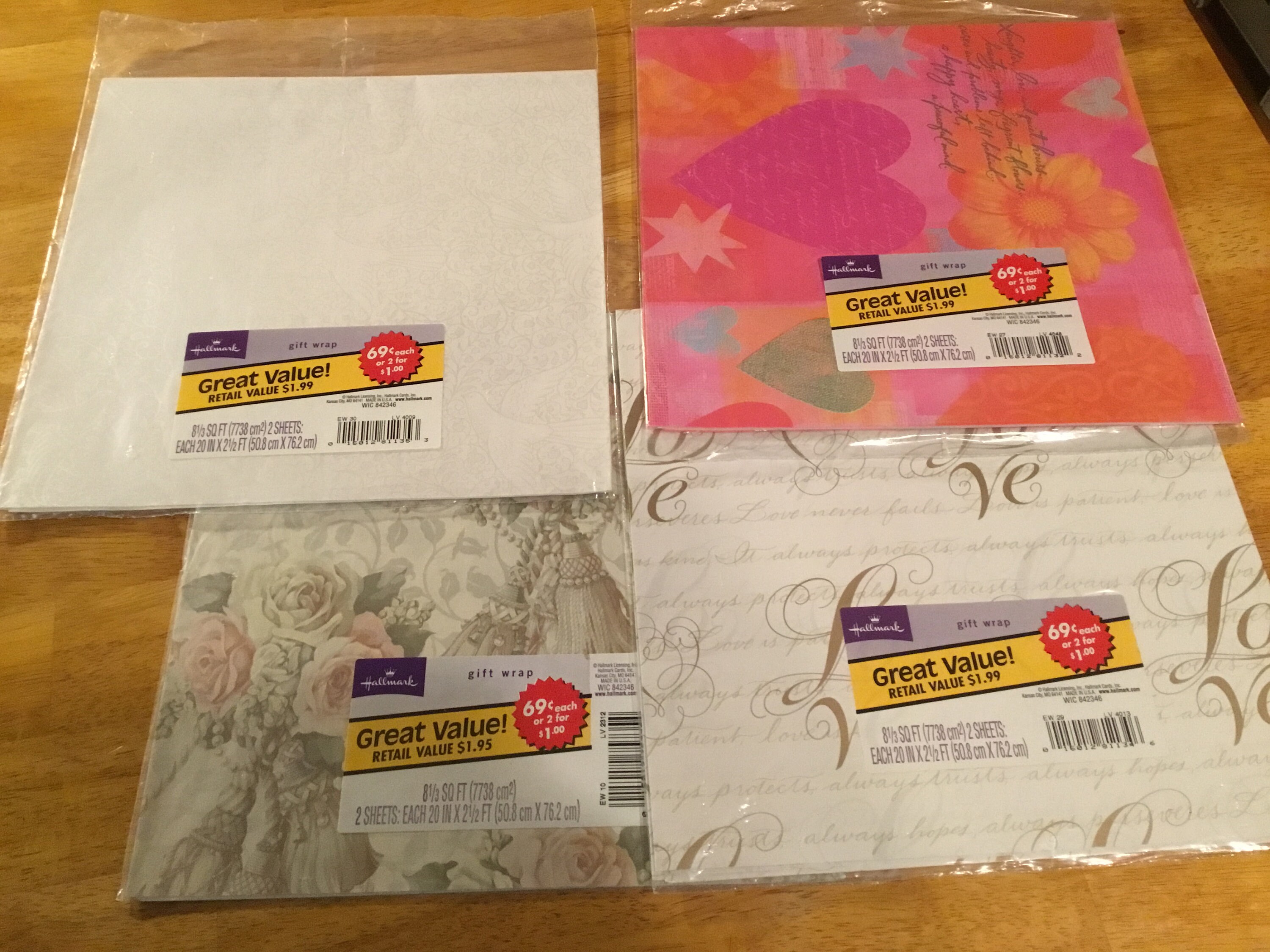 1990s Hallmark gift wrap paper four packages love roses hearts white ...