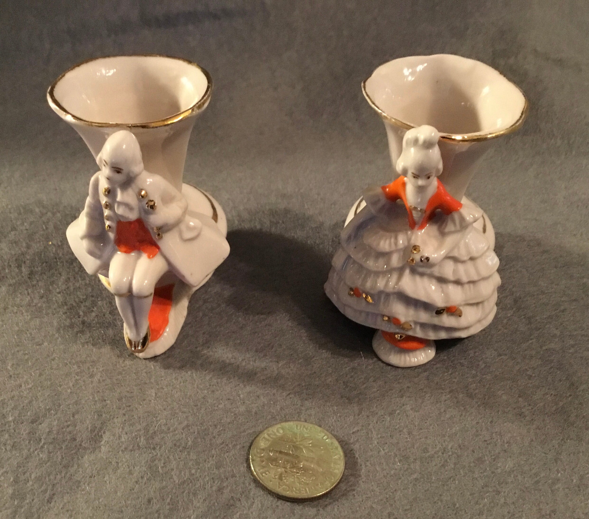 Vintage Ceramic Miniature Vases Hand Painted Victorian Pair Man and ...