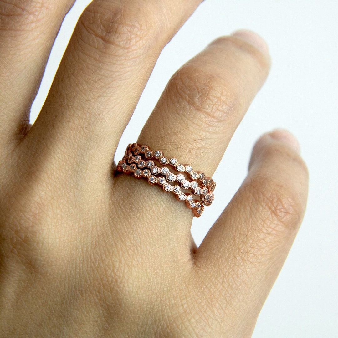 3 Piece Ring Set Rose Gold CZ Stack Zig Zag Wavy Eternity Band Ring CZ ...