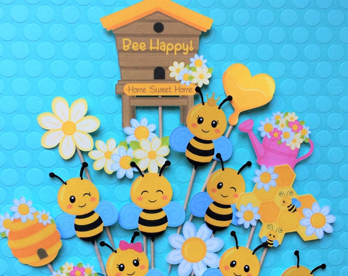 Bee Cupcake Toppers, Bee Toppers, Bee Themed Party Toppers, Bees and ...