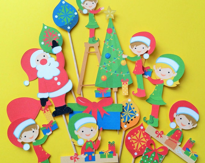 Santa Cupcake Toppers, 12 Christmas Santa and Elves Cupcake Toppers ...