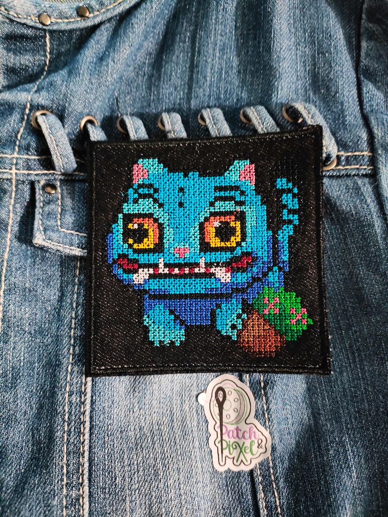 DERPY Tiger Cross Stitch Style Pixel Art, Blue Tiger Patch Badge ...