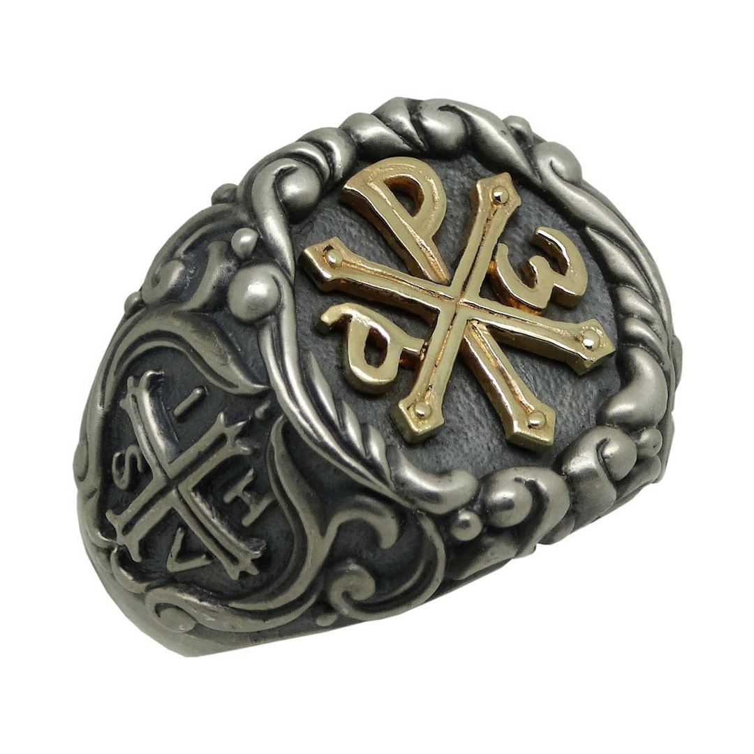 Knights Templar 10K Gold Silver Alpha Omega Men’s Ring Cross Chi Rho - Etsy