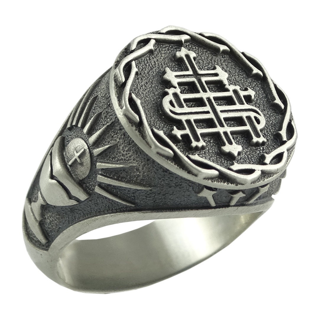 Sterling Silver 925 IHS the Holy Name of Jesus Men Ring Jesuit ...