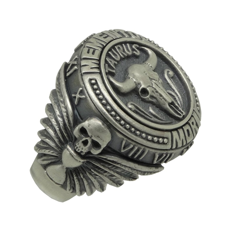 Taurus Skull Biker Masonic Memento Mori Zodiac Mens Sterling - Etsy