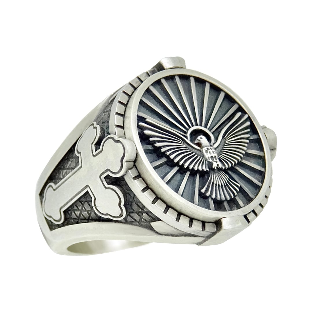 Holy Spirit Dove Sterling Silver 925 Cross Men’s Ring Handcrafted Solid ...