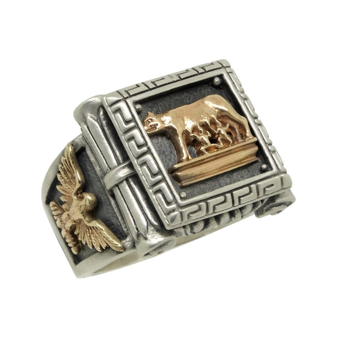Solid Gold 10K and Sterling Silver Men Ring, Roman Empire SPQR Eagle ...