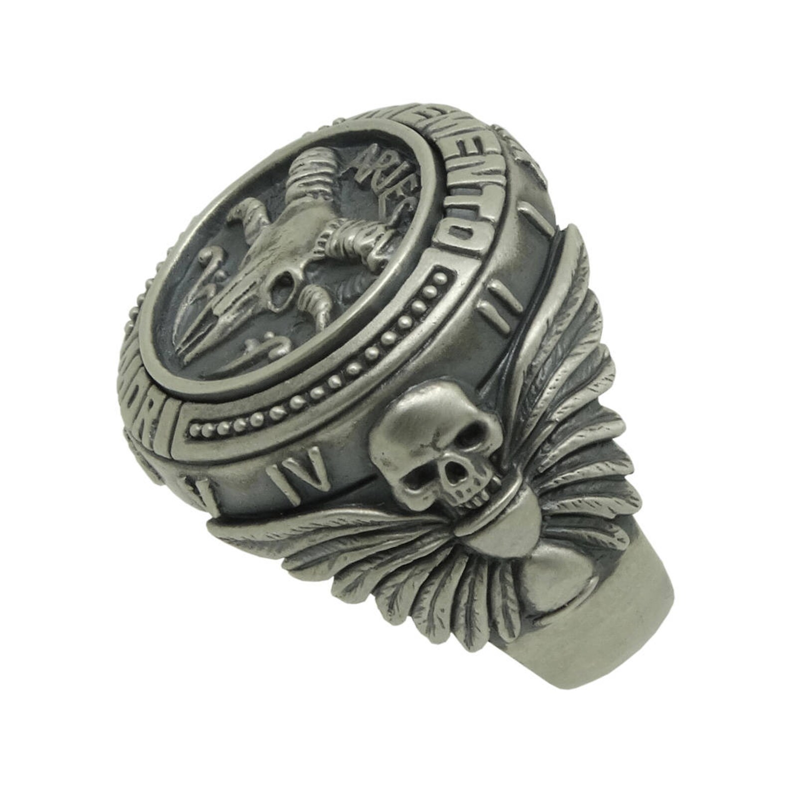 Aries Skull Zodiac Sign Sterling Silver Biker Masonic Men Ring Memento ...