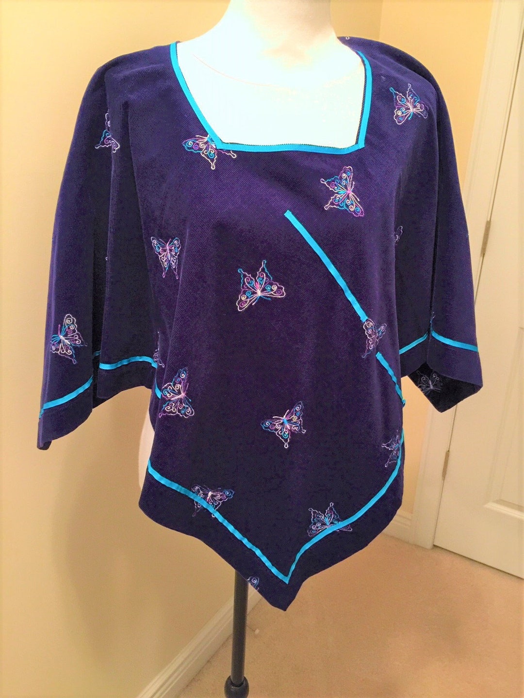 Pinwale Corduroy Capelet Dark Blue W/machine Embroidered Multi-colored ...