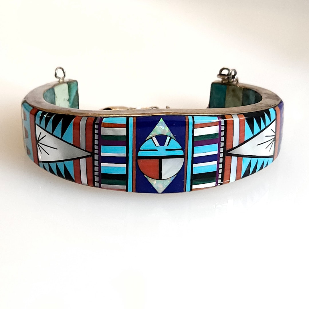 Vintage Zuni Sterling Silver and Turquoise Inlay Stone Bracelet - 70 ...