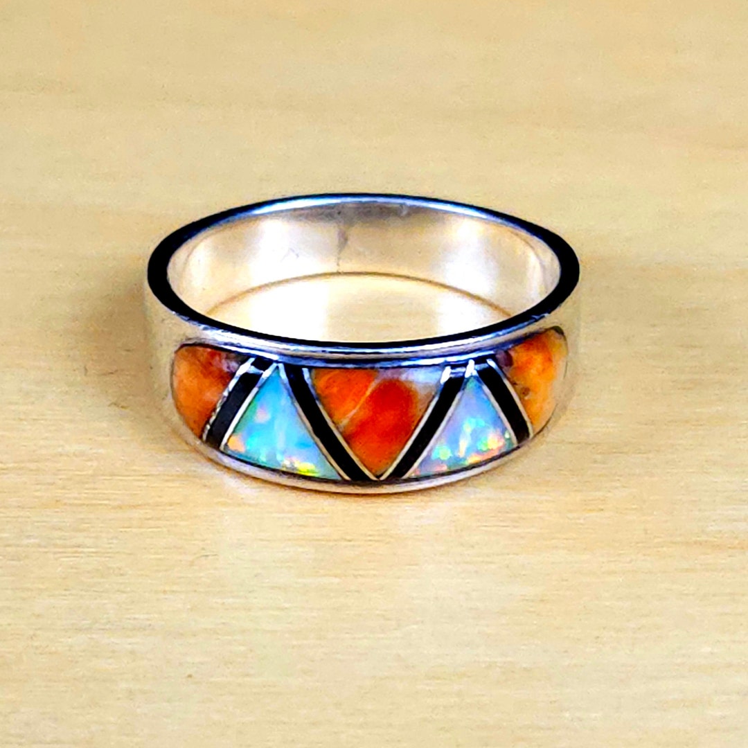 Size 8-1/4 - Native American Sterling Silver Ring With Opal, Jet, and ...