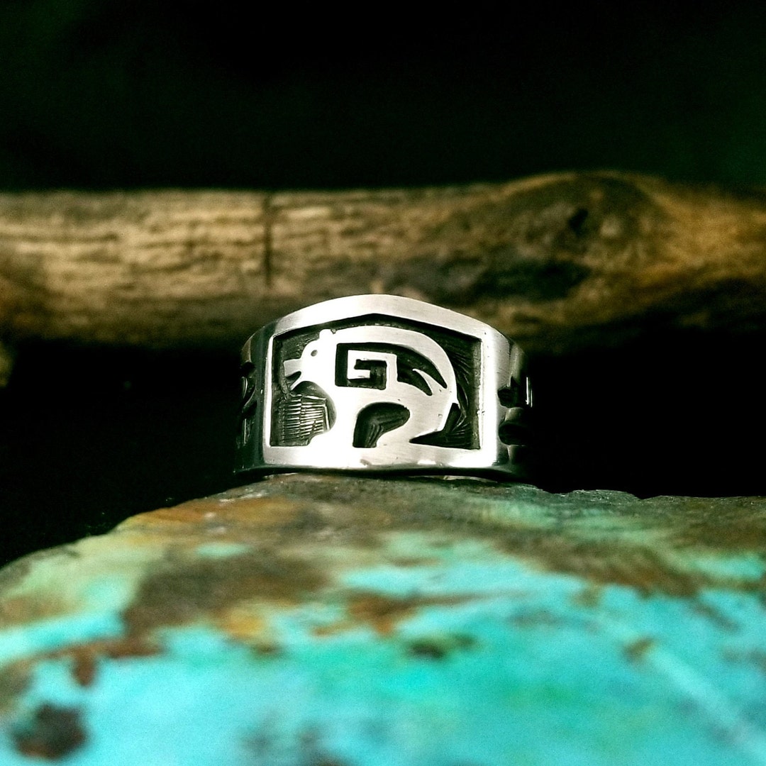 Cyrus Josytewa Overlay Sterling Silver Bear Hopi Ring - Excellent ...