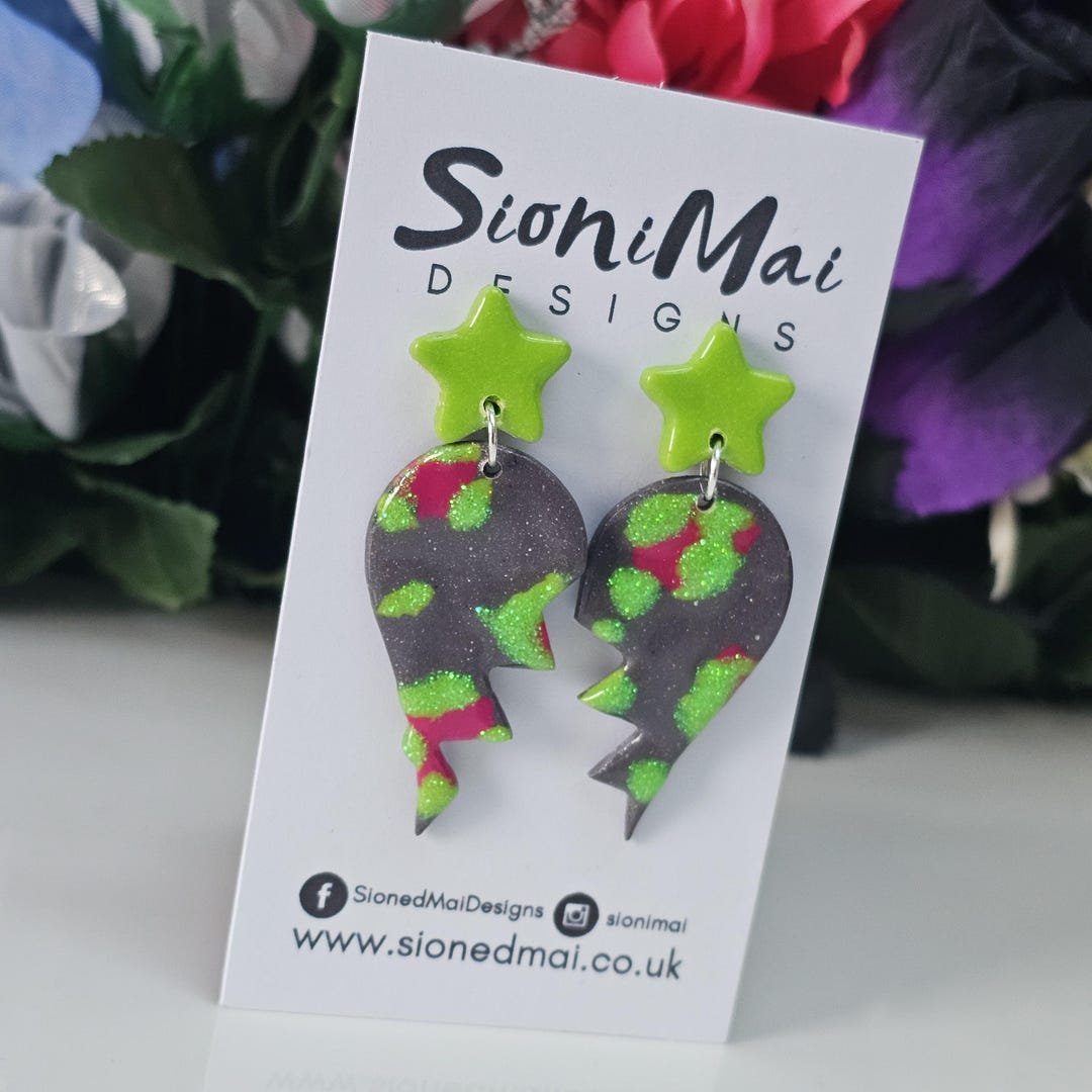 Neon Broken Heart Earrings, Lime Green, Pink, Gray, Pink, Glam Rock ...