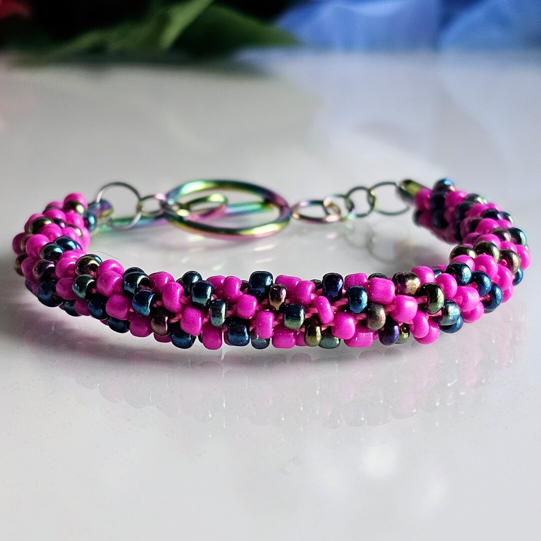 Kumihimo Braid Beaded Bracelet | MEDIUM | Magenta & Black Rainbow ...