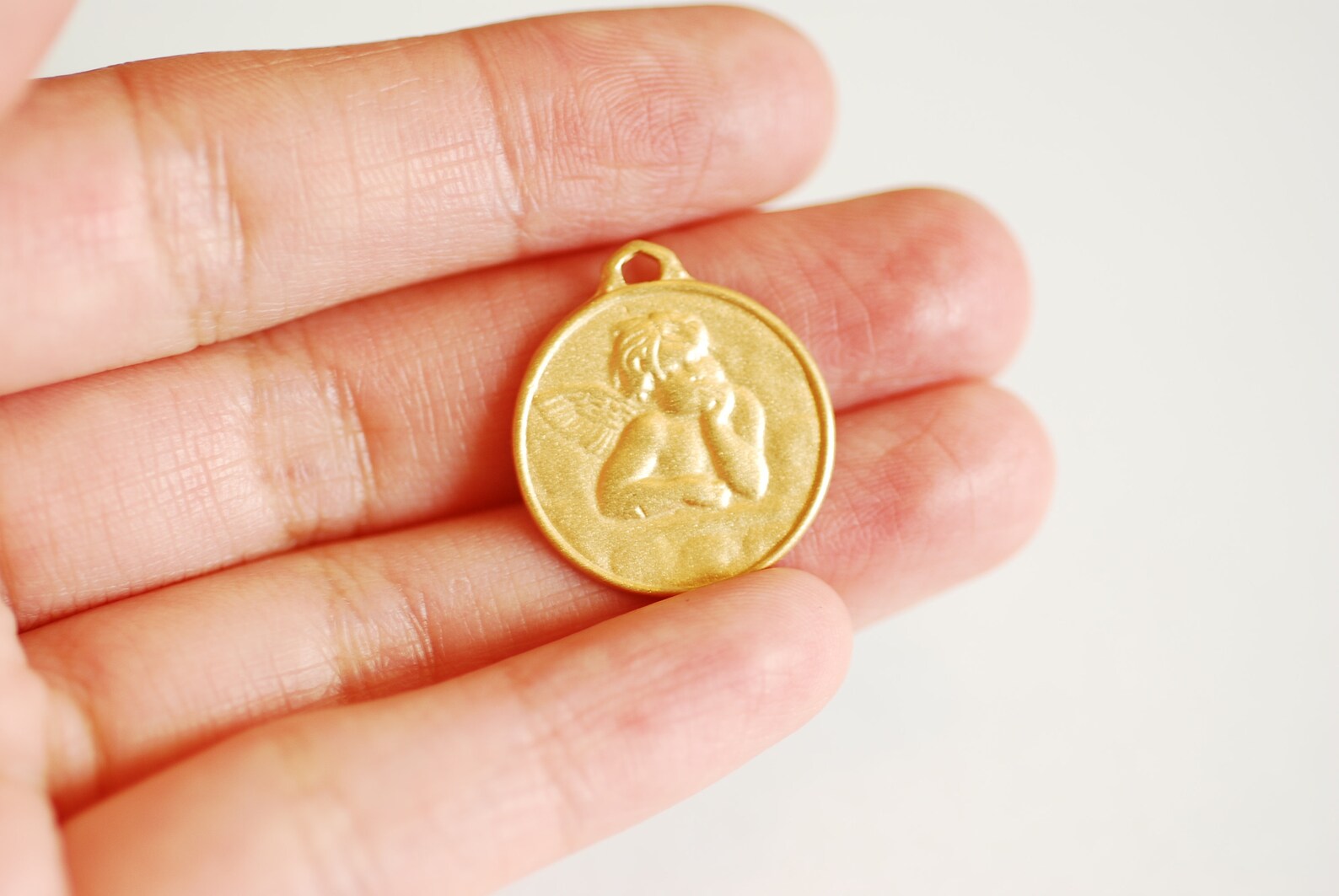 Large Angel Face Vermeil Gold Round Charm - Gold Disc, Angelic Cupid ...