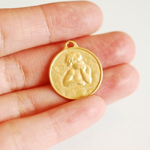 Large Angel Face Vermeil Gold Round Charm - Gold Disc, Angelic Cupid ...