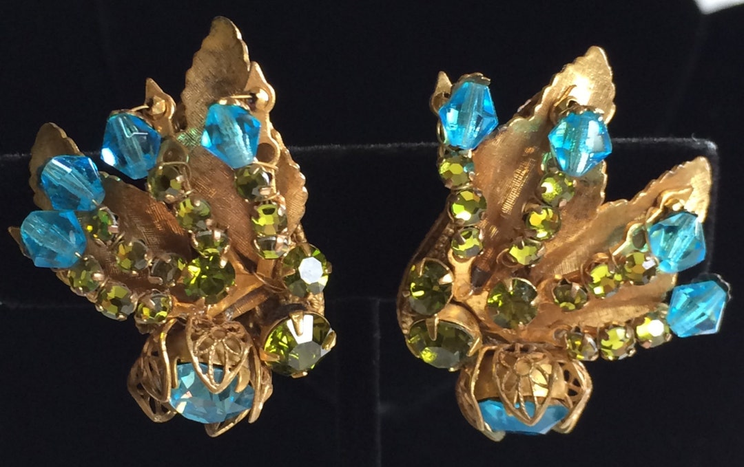 Sparkling Vintage Miriam Haskell Earrings~aqua Blue/peridot Green ...