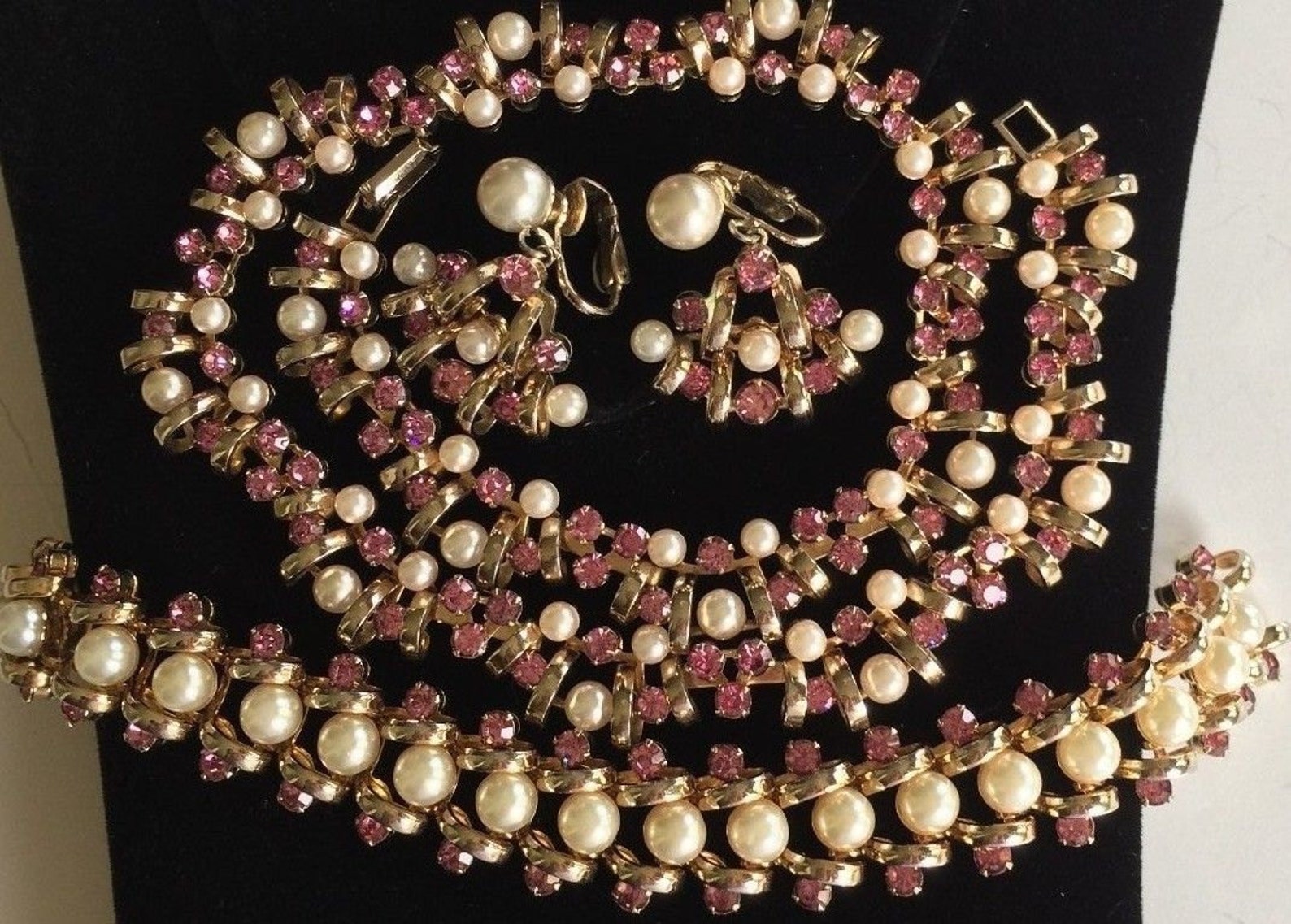 Lovely Vintage Kramer Necklace Bracelet & Earrings Set~pink Rhinestones ...