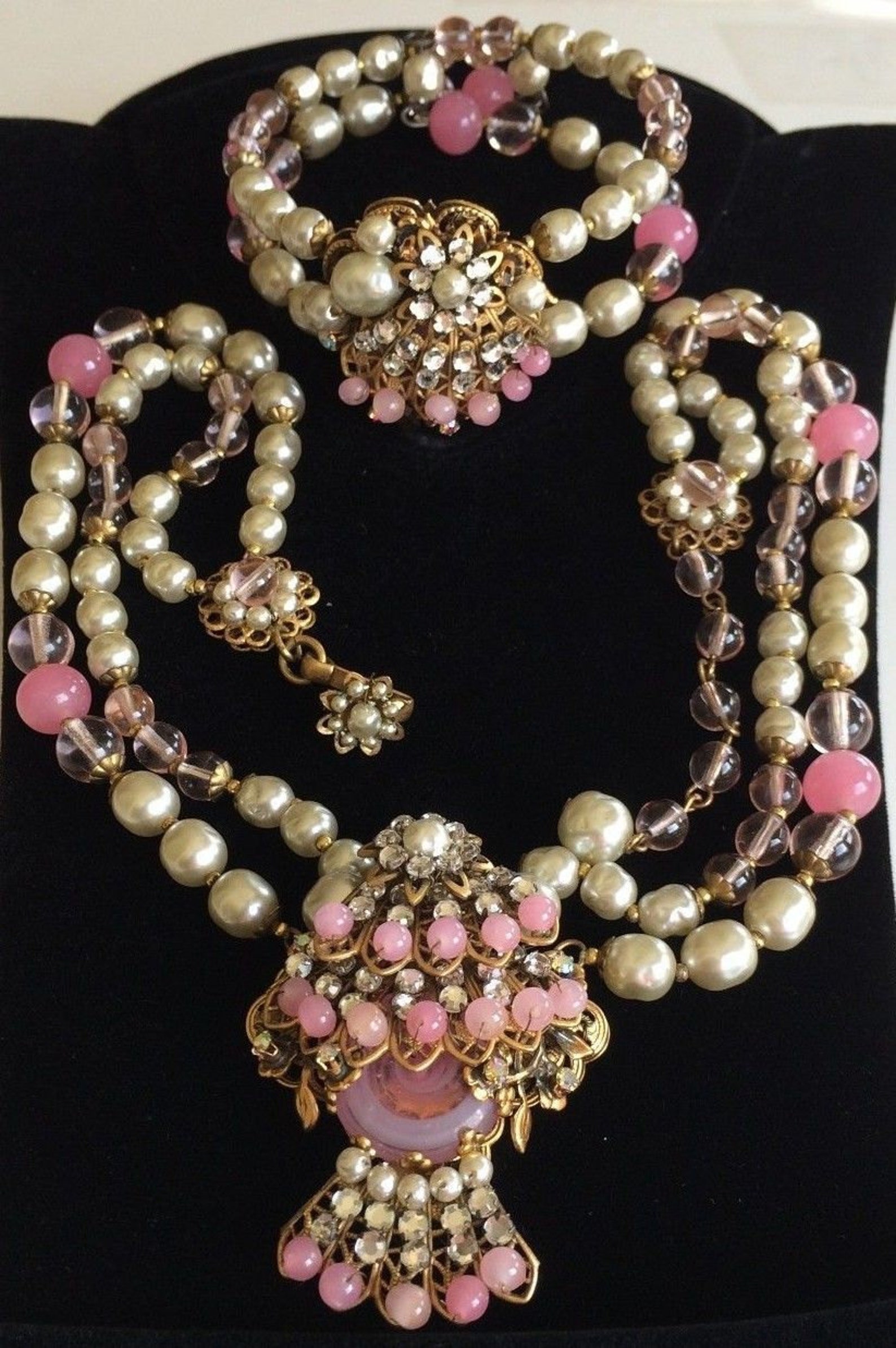 Vintage Miriam Haskell Necklace & Bracelet Set~pink Glass/pearls ...