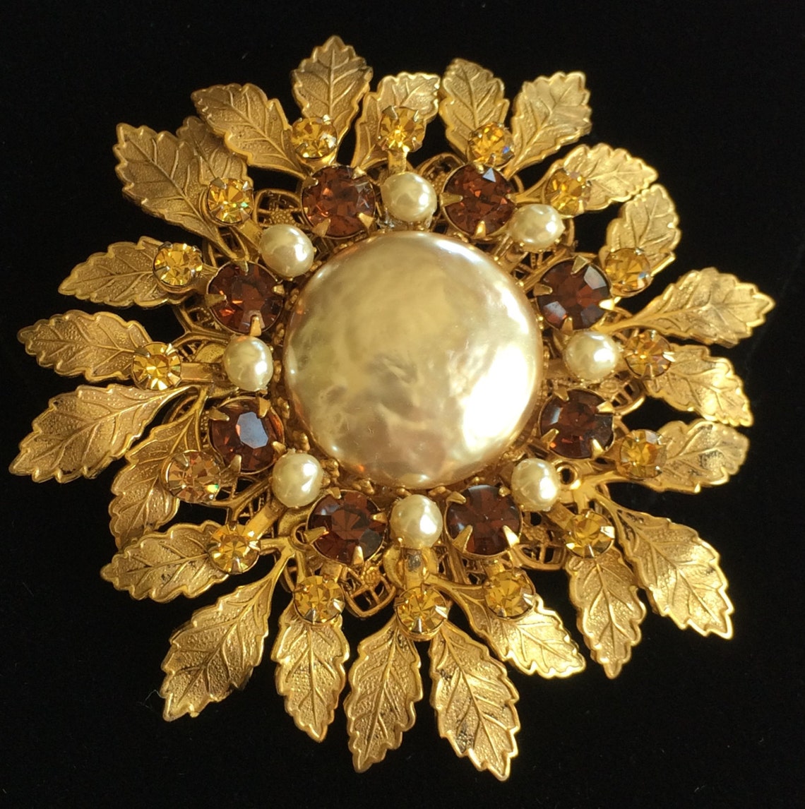 Spectacular Huge Vintage Miriam Haskell Brooch Pin~pearls-topaz/citrine ...