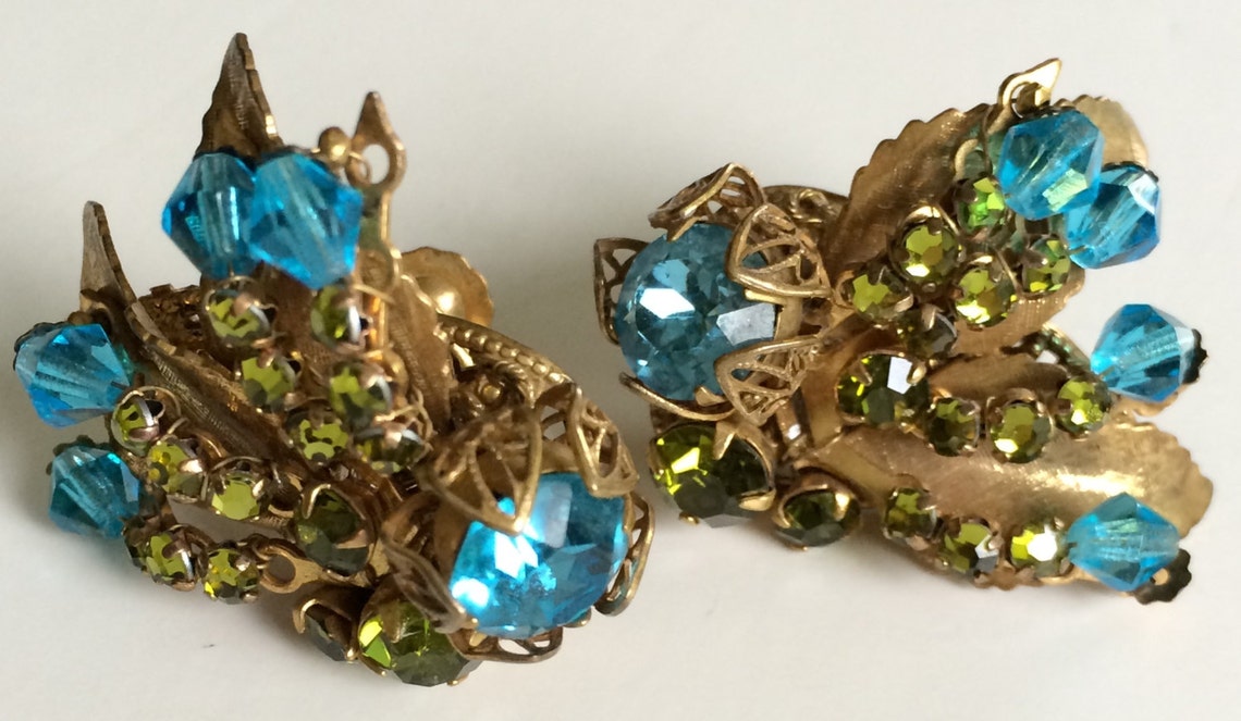 Sparkling Vintage Miriam Haskell Earrings~aqua Blue/peridot Green ...