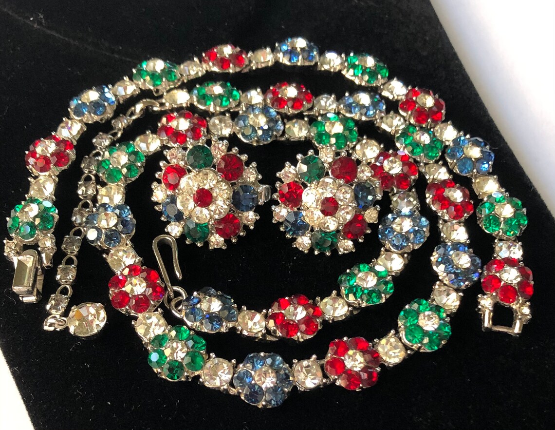 Vintage Trifari Necklace, Bracelet & Earrings Set~ Red/blue/green ...