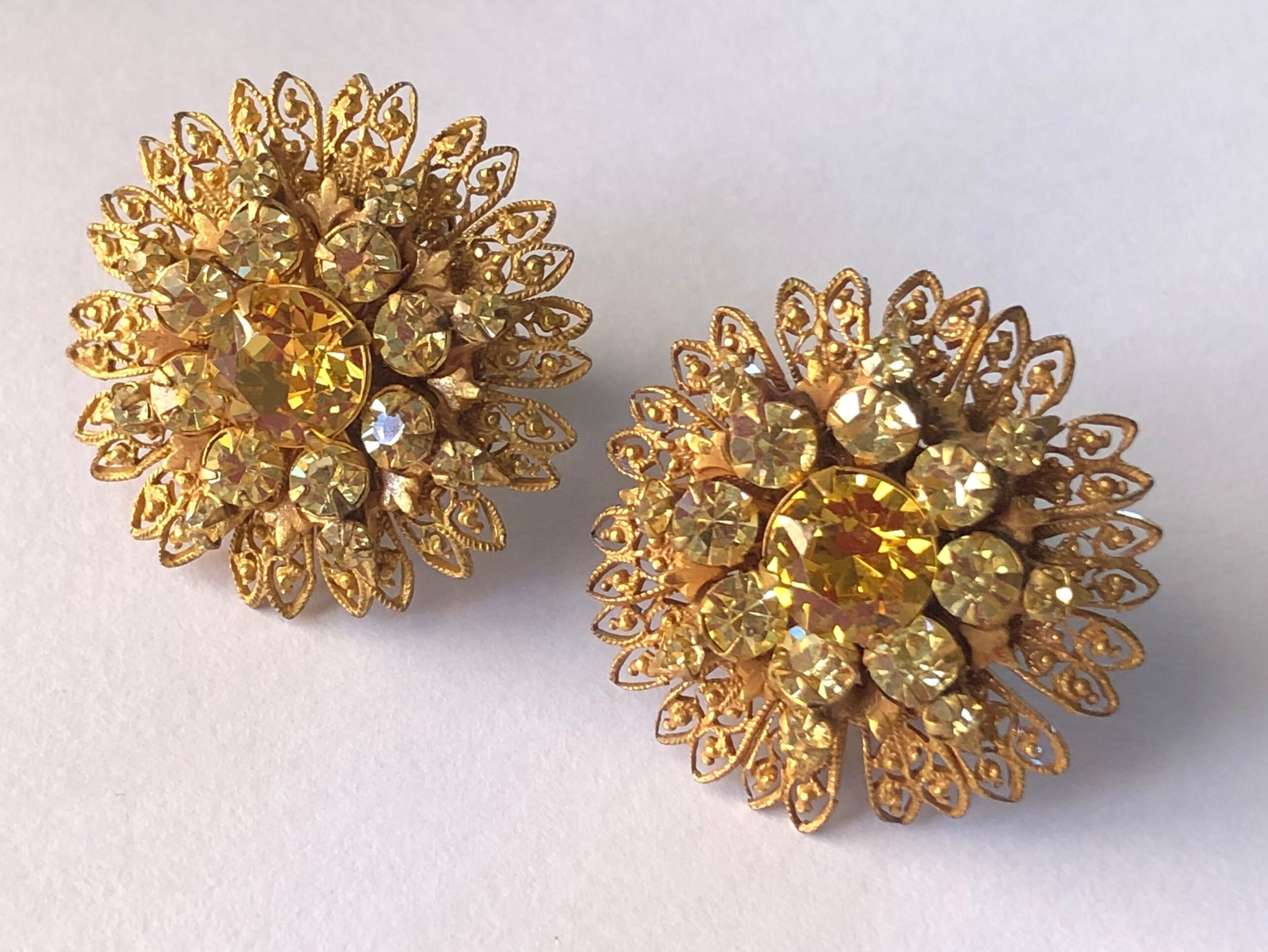 Sparkling Vintage Miriam Haskell Earrings~citrine Rhinestones/gold Tone ...