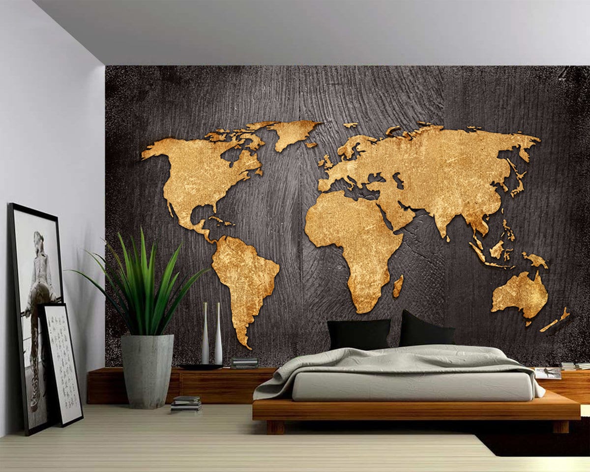 Wood Texture World Map Large Wall Mural Self-adhesive Vinyl | Etsy