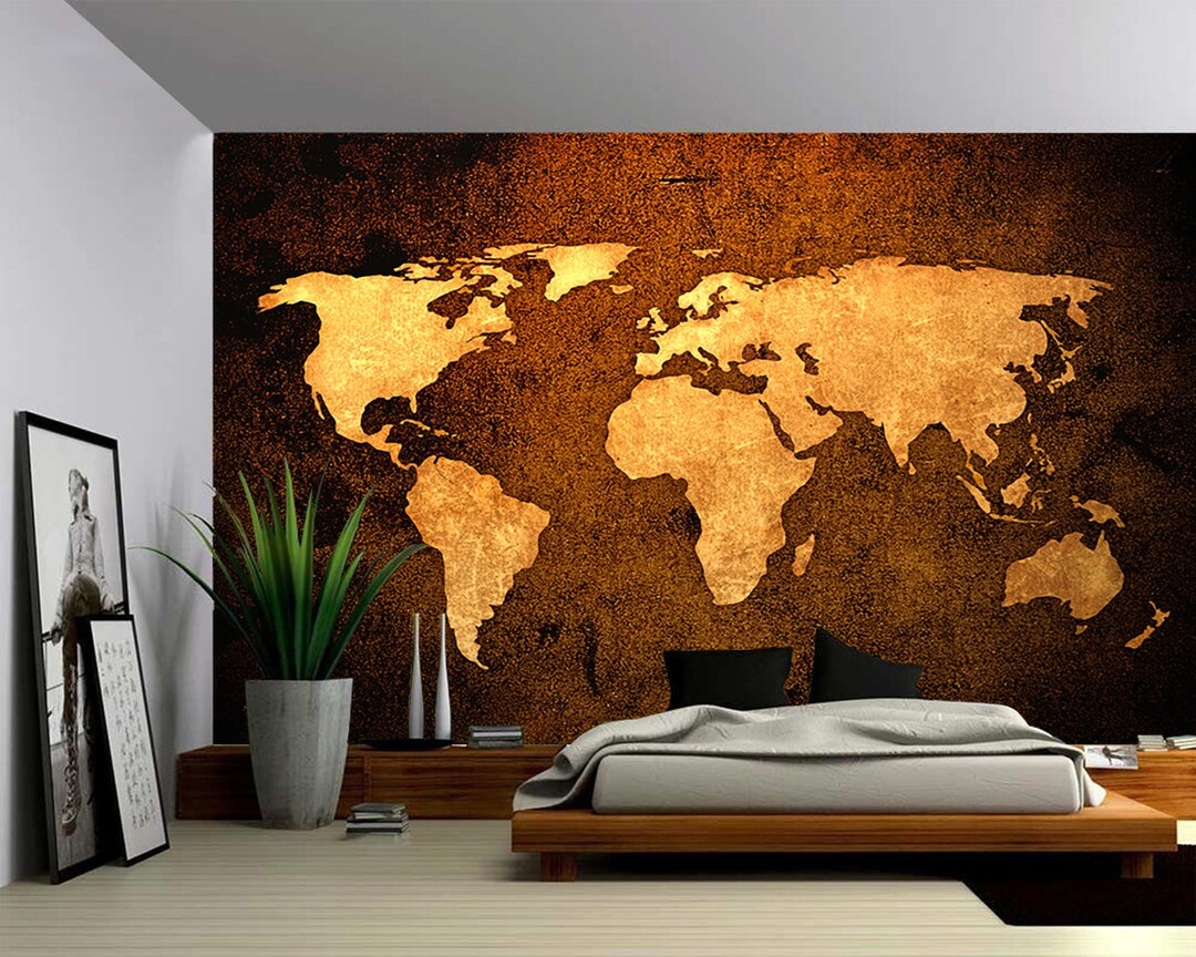 Brown World Map Large Wall Mural, Self-adhesive Vinyl Wallpaper, Peel ...