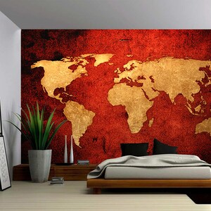 Red World Map Large Wall Mural, Self-adhesive Vinyl Wallpaper, Peel ...